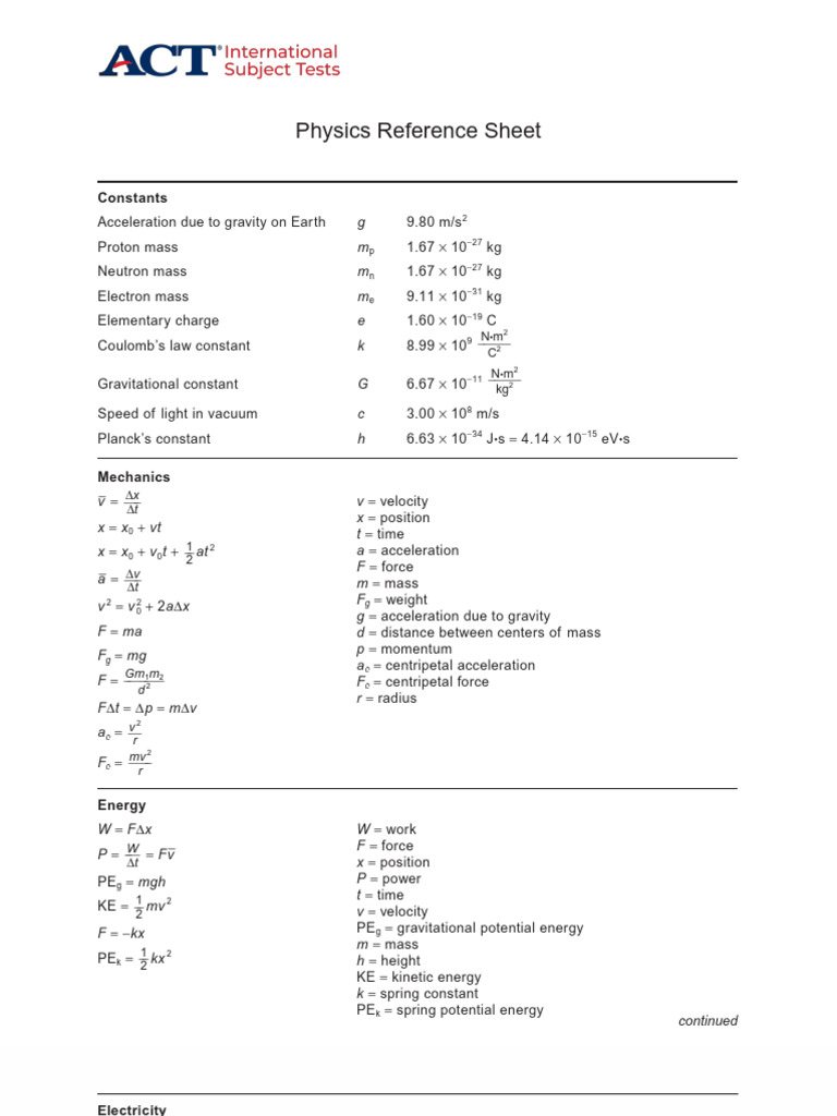 Physics Reference Sheet - 231211 - 072054 | PDF | Mass | Acceleration