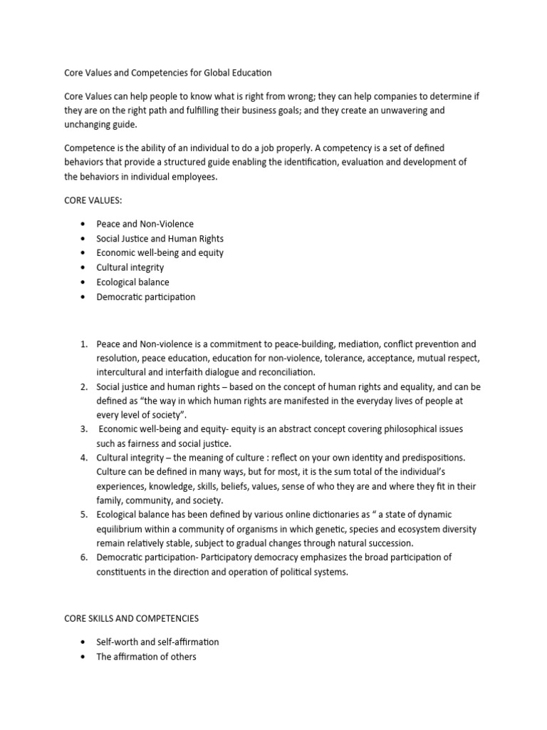Core Values and Competencies For Global Education | PDF | Social ...