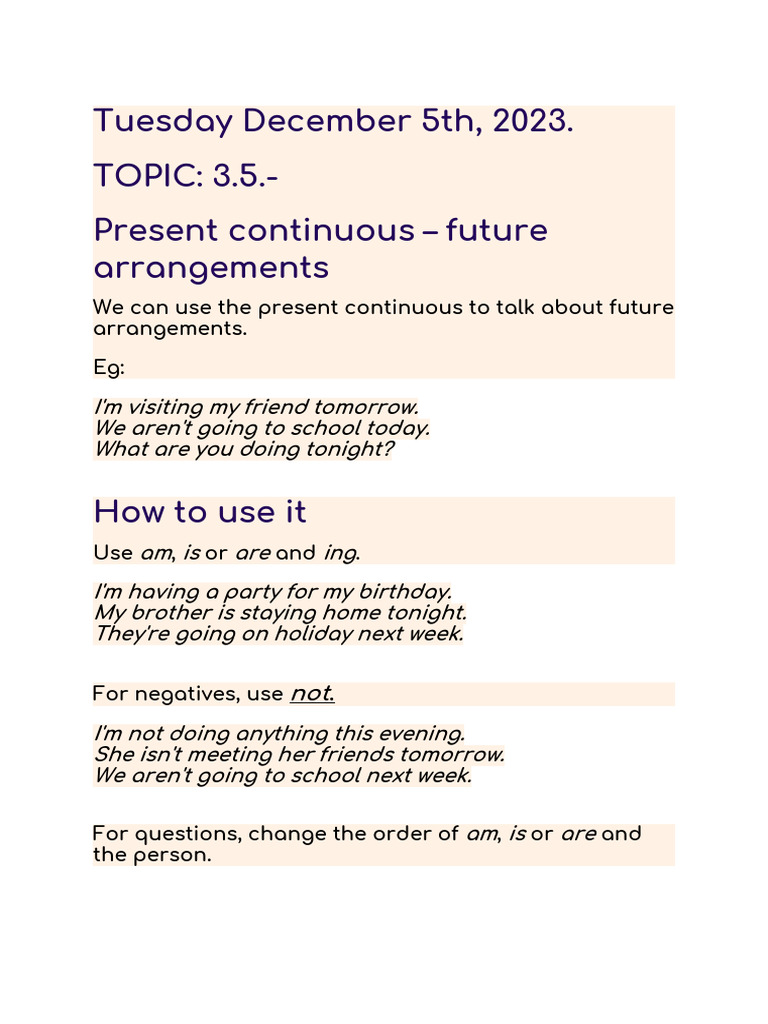 Present Continuous for future arrangements | PDF
