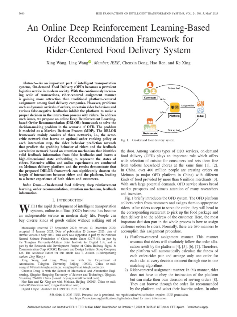 An Online Deep Reinforcement Learning-Based Order Recommendation Framework For Rider-Centered ...