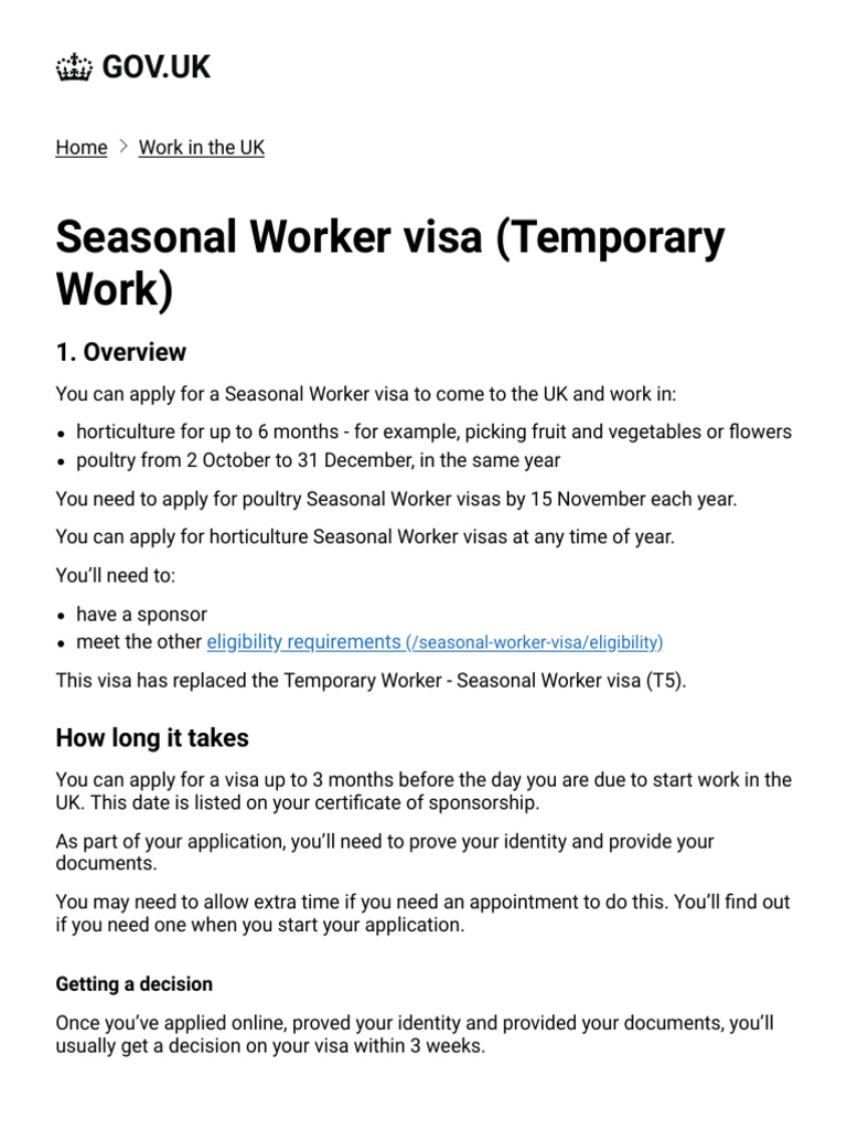Seasonal Worker Visa (Temporary Work) - Overview - GOV - UK | PDF ...