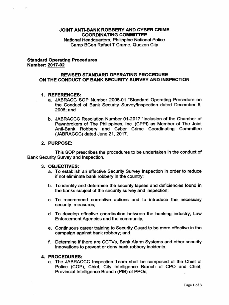 22 Jabraccc Sop No. 2017-02 Revised Sop on the Conduct of Bank Security Survey and Inspection 12 ...