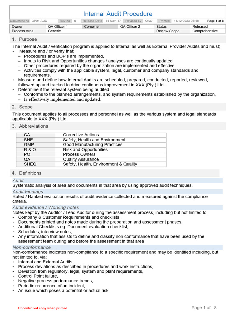 Internal Audits Procedure - 0 | PDF | Audit | Internal Audit