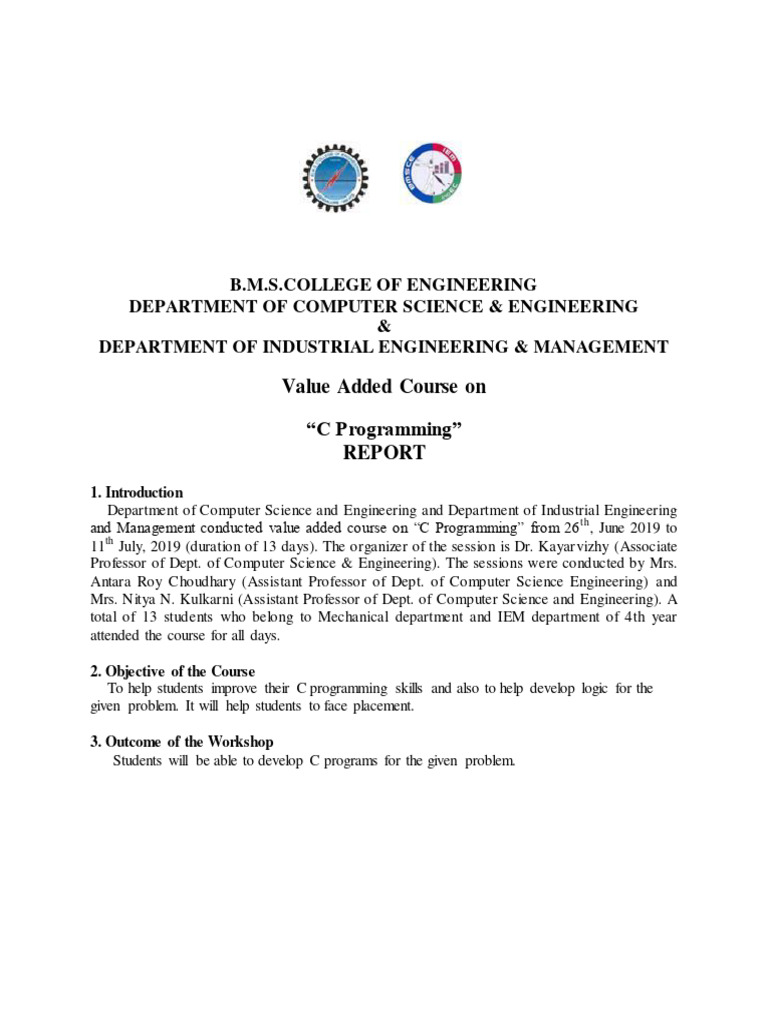 Report on Value Added Course on C Programming | PDF