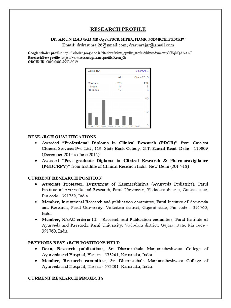 DR Arun Raj GR. Research Profile | PDF