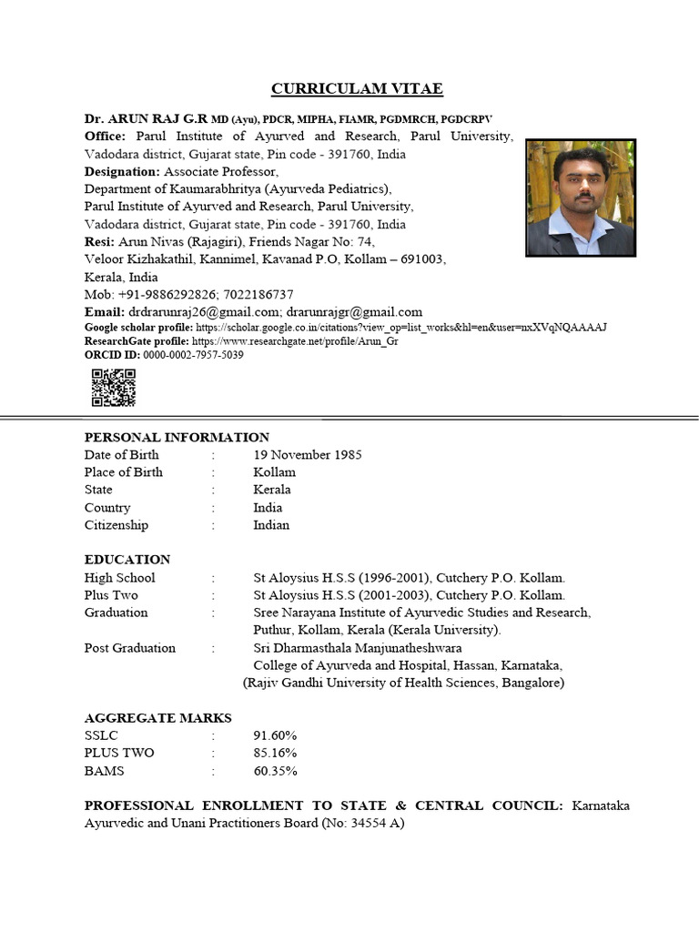 DR Arun Raj GR. Long CV | PDF | Ayurveda | Medicine