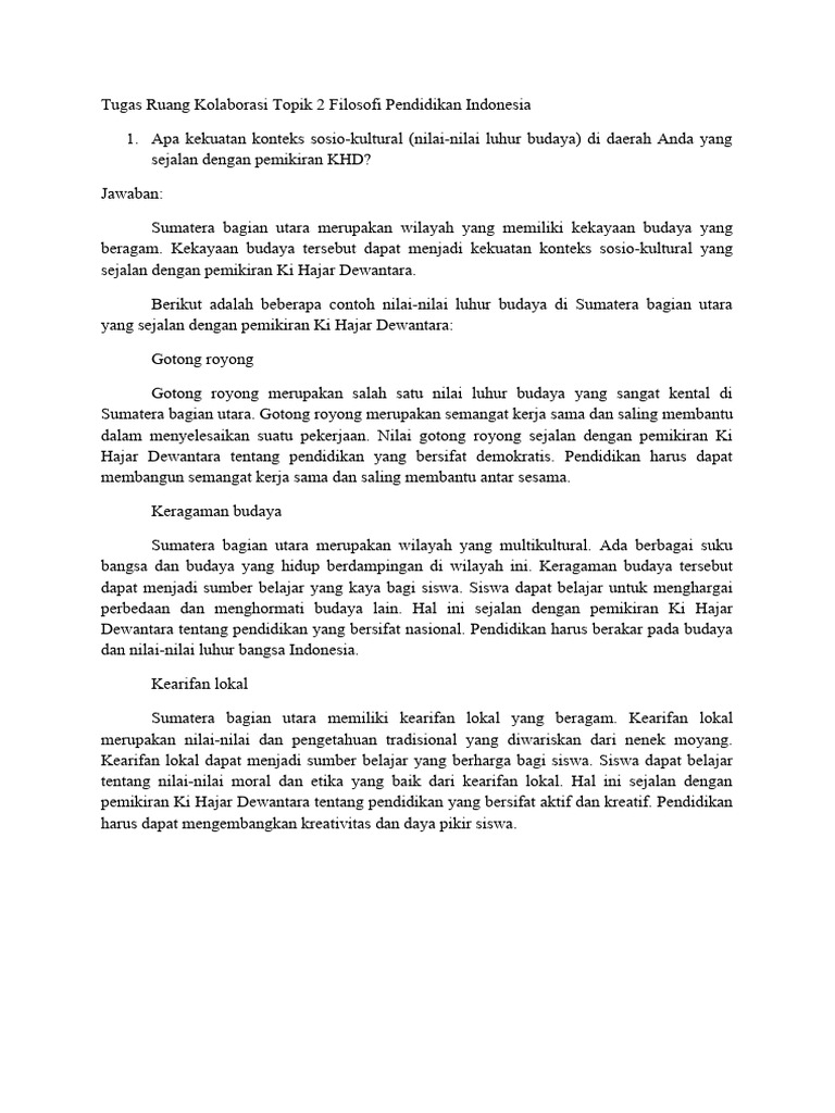 Tugas Ruang Kolaborasi Topik 2 Filosofi Pendidikan Indonesia Pertanyaan 1 | PDF