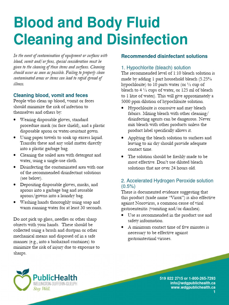 Blood Body Fluid Cleaning Disinfection Fact Sheet Access | PDF | Bleach ...