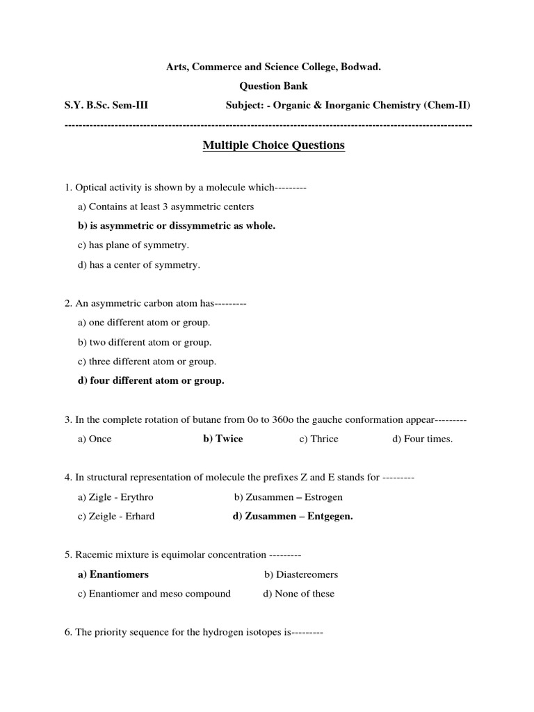 Chemistry Multiple Choice Questions | PDF | Conformational Isomerism | Chemical Substances