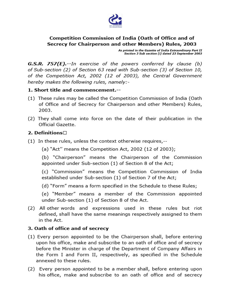 Cci Oath of Office and of Secrecy For Chairperson and Other Members ...