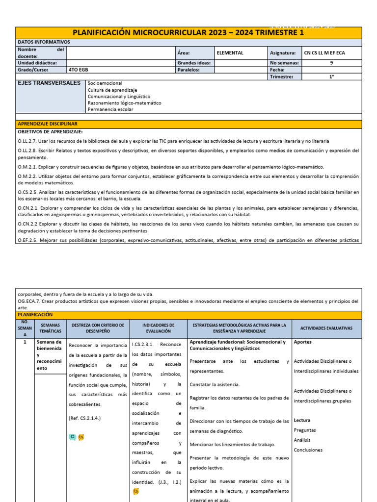 Planificación 9 Semanas 4to Egb | PDF | Aprendizaje | Los símbolos