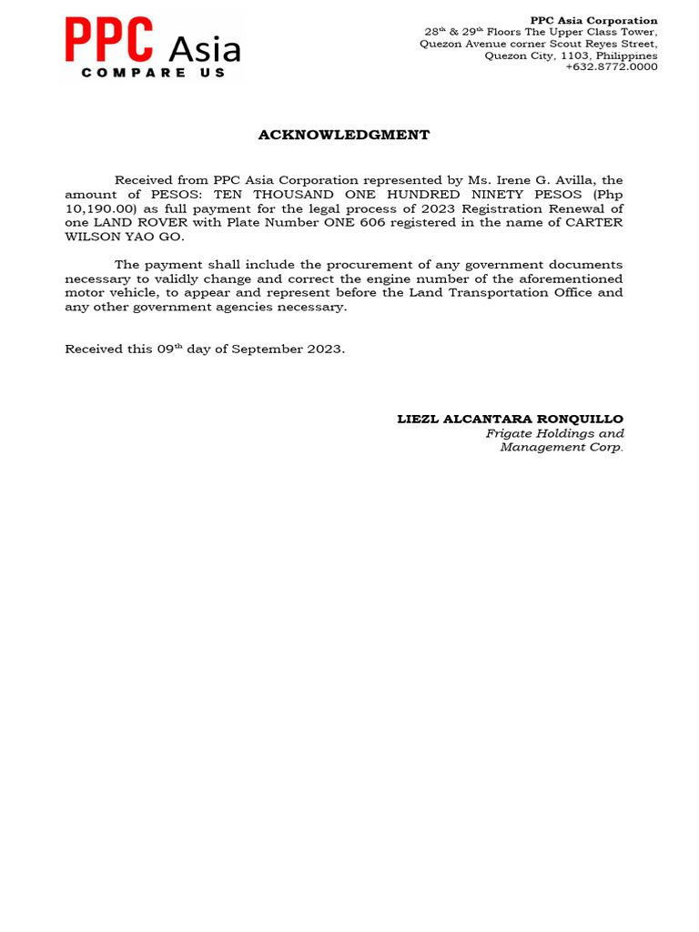 Vehicle Registration Payment Receipt | PDF