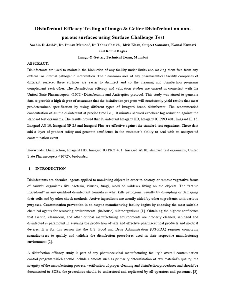 Disinfectant Efficacy Testing of Imago & Getter Disinfectant On Non ...