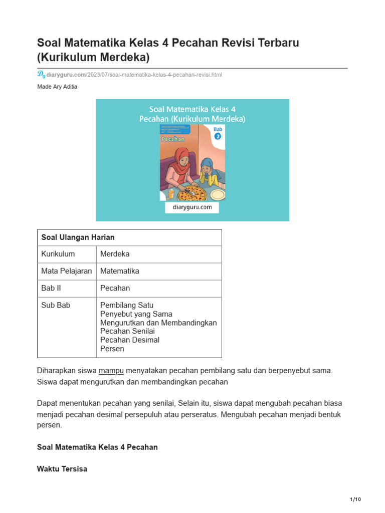 Soal Matematika Kelas 4 Pecahan Revisi Terbaru Kurikulum Merdeka | PDF