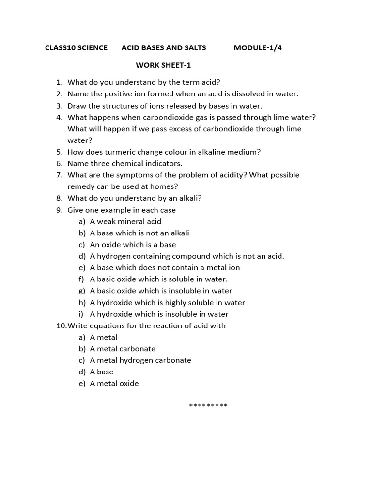 Class X Science Acids, Bases and Salts Worksheet 1 - 4 | PDF