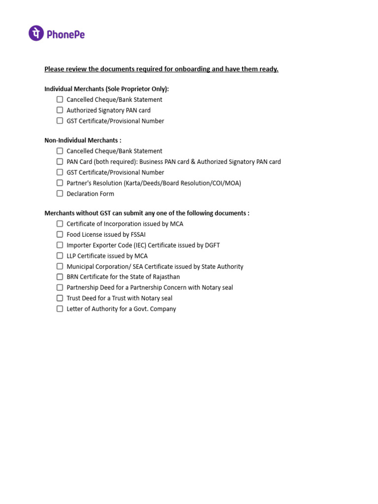 PhonePe PG - Onboarding Documents | PDF