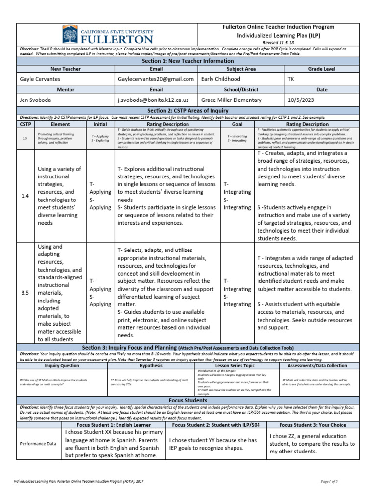 ILP Form_ Sem 3 | PDF | Teachers | Inquiry