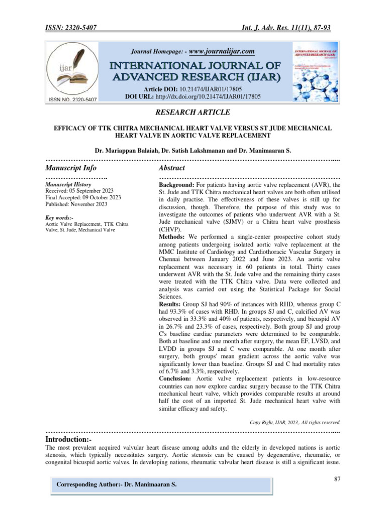 EFFICACY OF TTK CHITRA MECHANICAL HEART VALVE VERSUS ST JUDE MECHANICAL ...