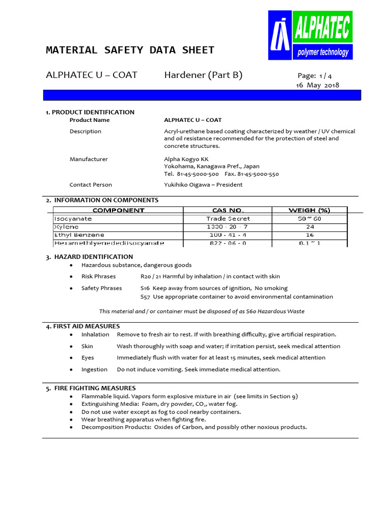 U - Coat Hardener | Download Free PDF | Water | Dangerous Goods