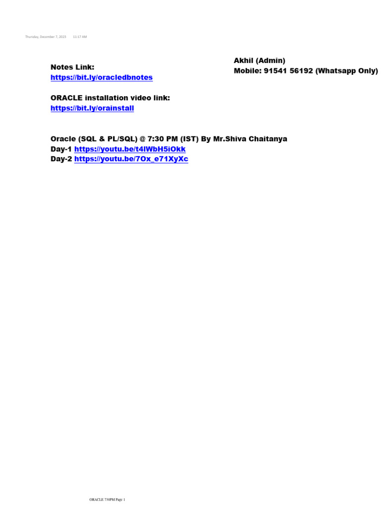 Oracle 730pm (1) | PDF | Relational Database | Sql