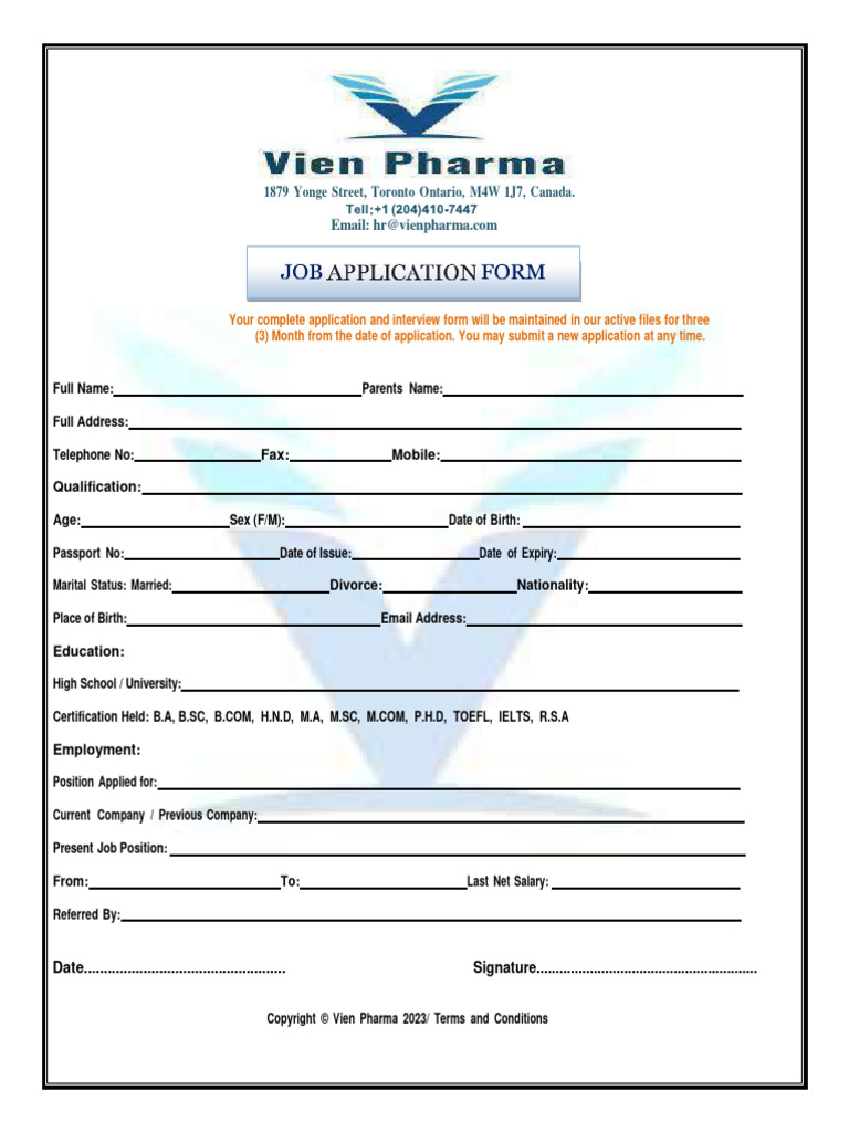 APPLICATION & INTERVIEW QUESTIONNAIRE FORM VIEN PHARMA | PDF