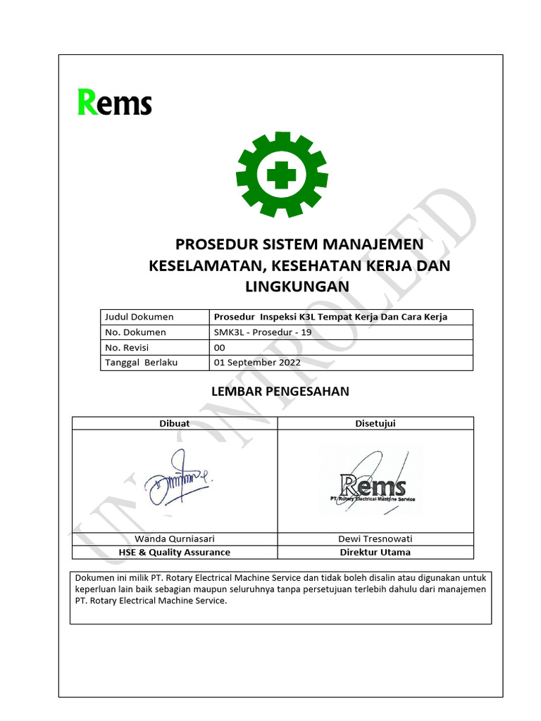 19 - Inspeksi K3L Tempat Kerja - Cara Kerja - Uncontrolled | PDF