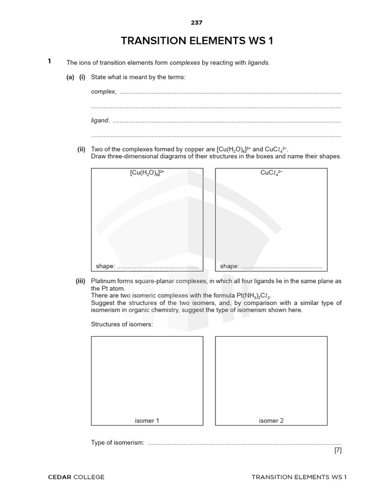 7 Transition Elements WS | PDF | Coordination Complex | Transition Metals