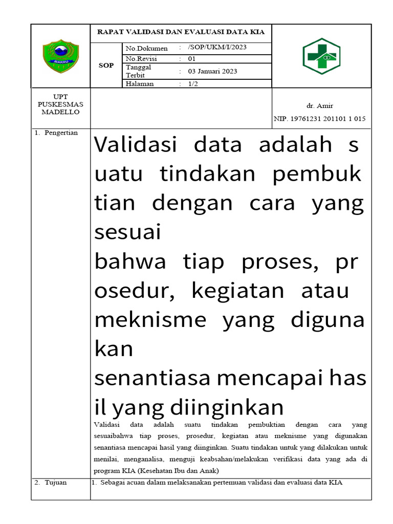 Validasi Data KIA di Puskesmas Madello | PDF