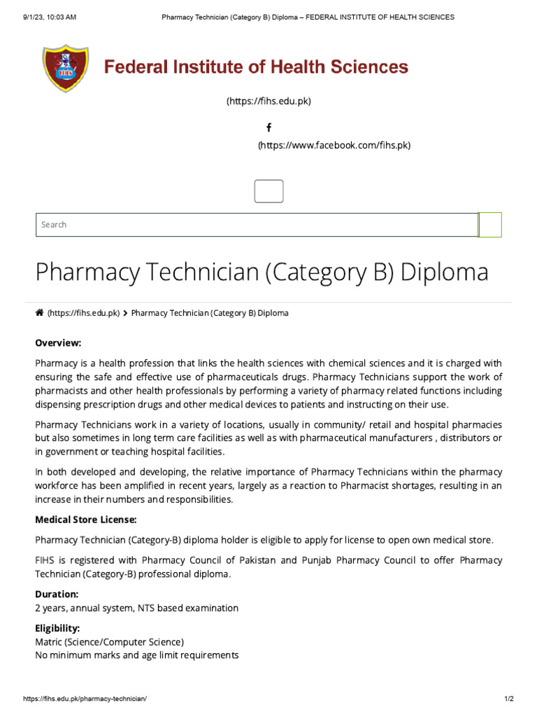 Category B Pharmacy Technician Diploma | PDF | Pharmacy | Health Sciences