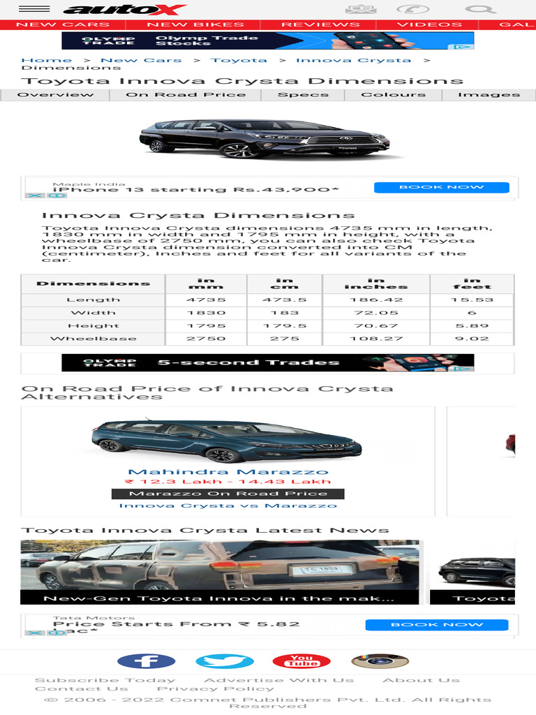 Toyota Innova Crysta Dimensions, Length, Width and Height - AutoX | PDF