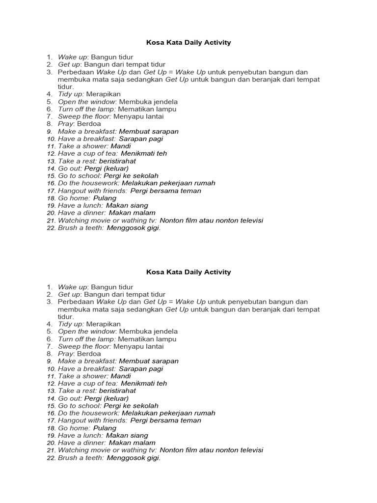 Kosa Kata Daily Activity | PDF | Pengembangan Diri