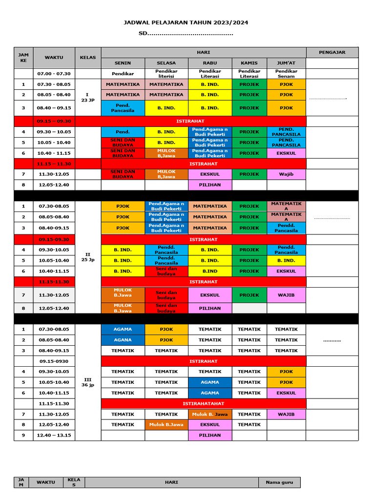 Jadwal Pelajaran SD 2023/2024 | PDF