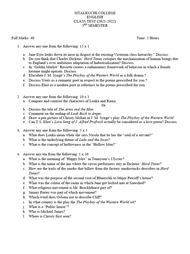 Sitalkuchi College English Test 2021-22 | PDF | Art | General Fiction