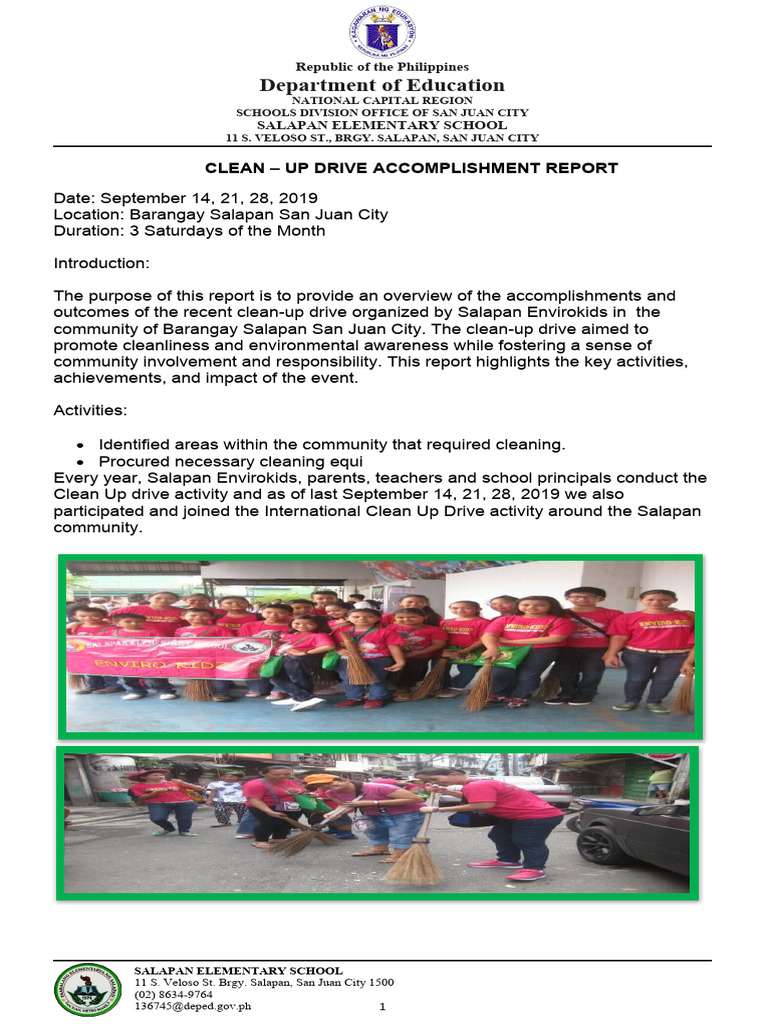 Salapan Clean-Up Drive Report 2019 | PDF | Wellness