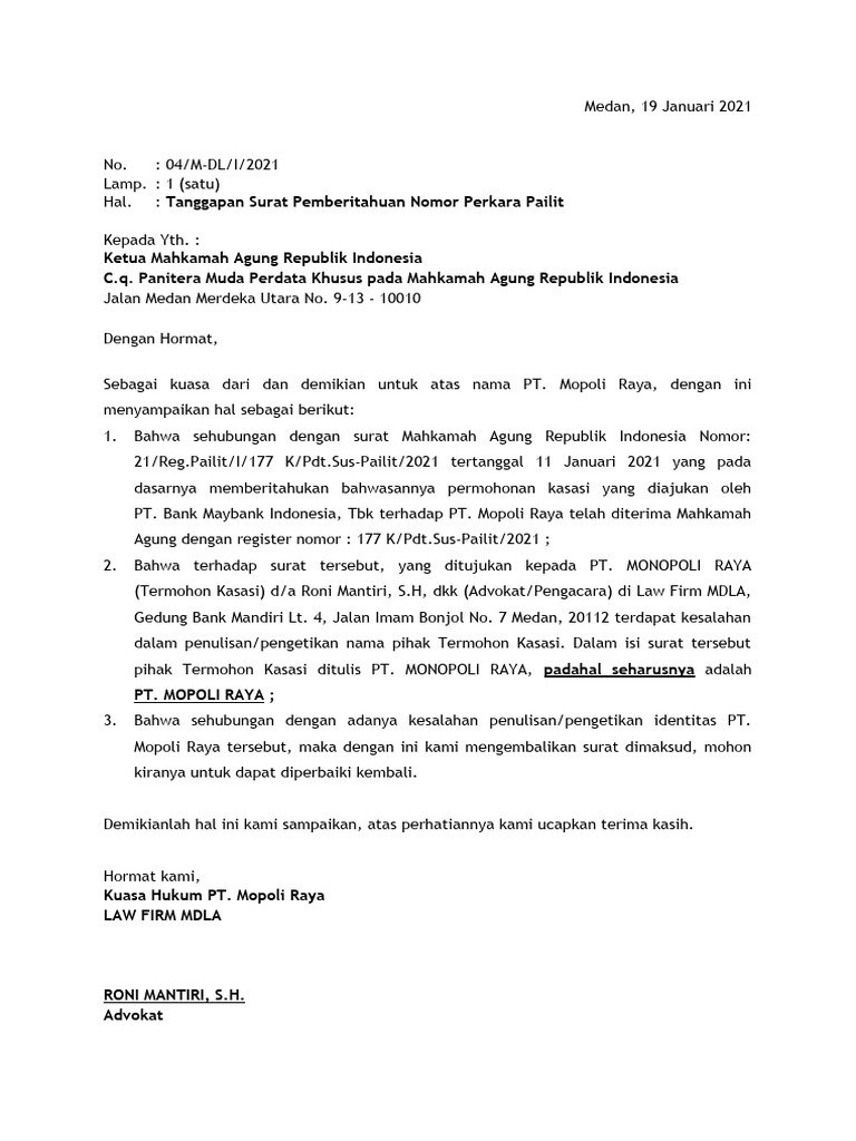 Tanggapan Surat Pemberitahuan Nomor Perkara Pailit | PDF | Bisnis ...