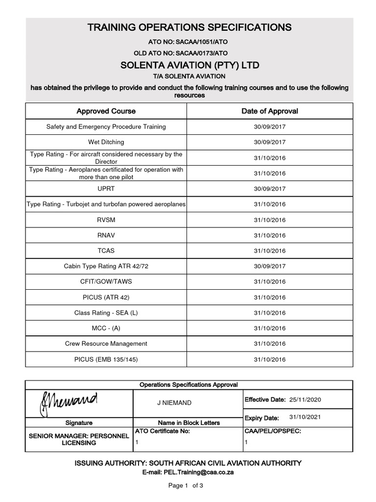 16. New Ops Spec SOLENTA AVIATION (PTY) LTD TA SOLENTA AVIATION OPS SPEC EMPIC ISSUE # 1 (003 ...