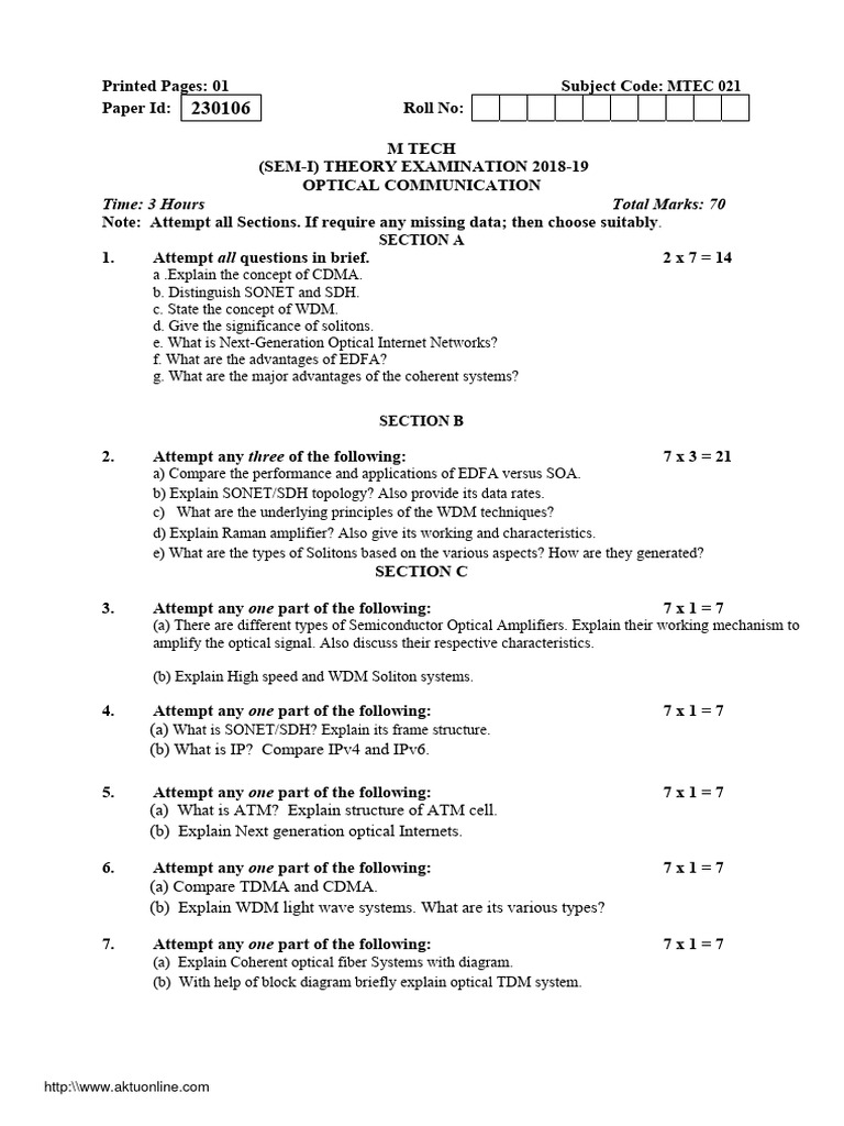 Mtech 1 Sem Optical Communication Mtec021 2019 | PDF | Wavelength Division Multiplexing ...