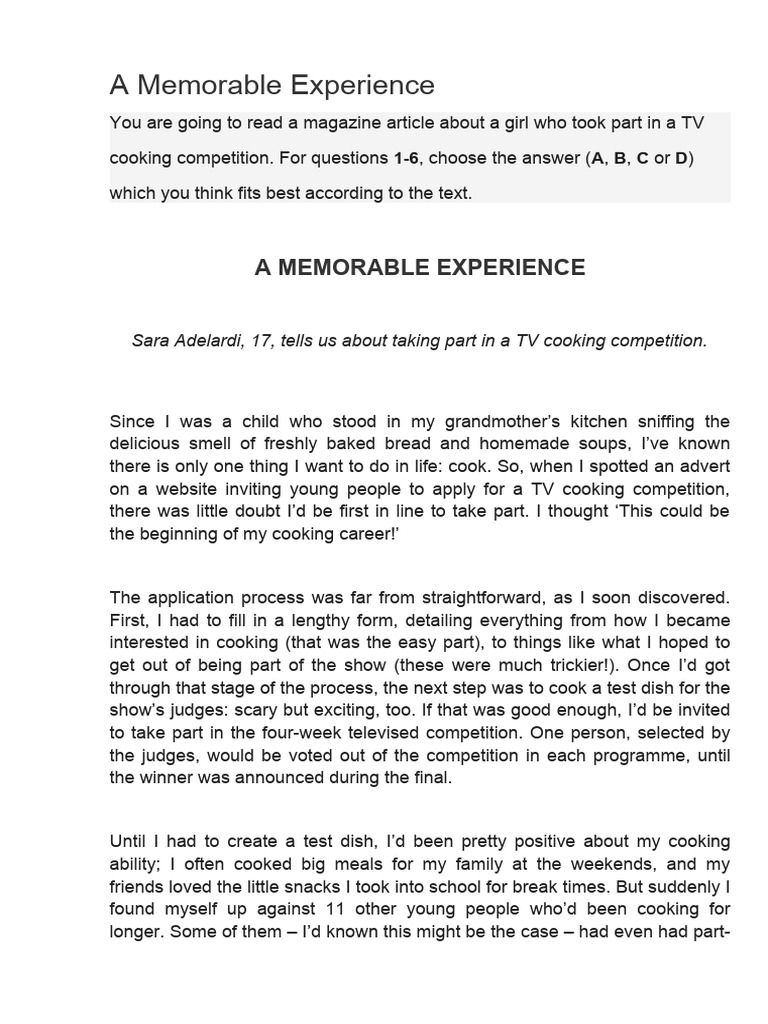 A Memorable Experience | PDF