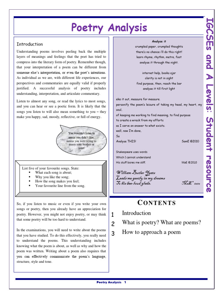 Igcse and A Level Poetry Analysis Student Resource | PDF | Poetry ...