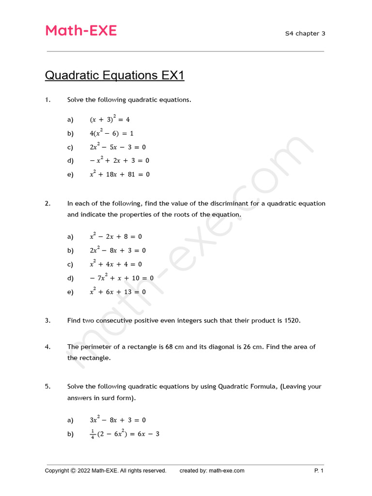 s4 ch3 Quadratic Equations Ex1 Eng | PDF | Quadratic Equation | Equations