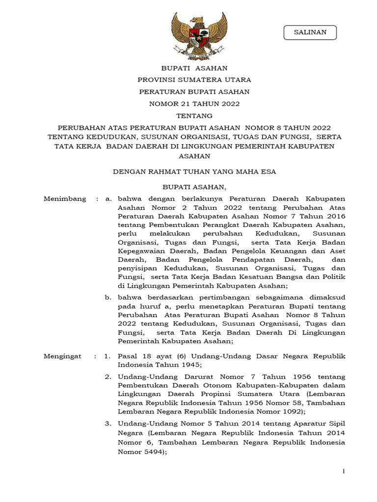 Perbup Nomor 21 Tahun 2022 - SOTK Badan | PDF