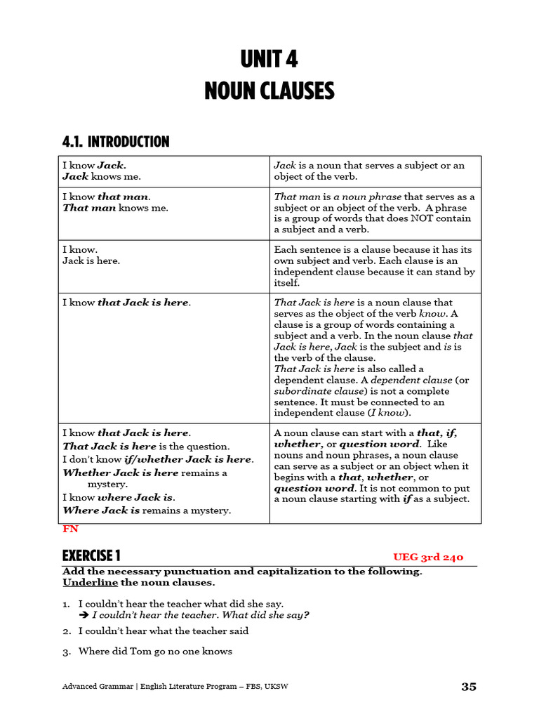 04 Noun Clauses Pdf Subject Grammar Verb