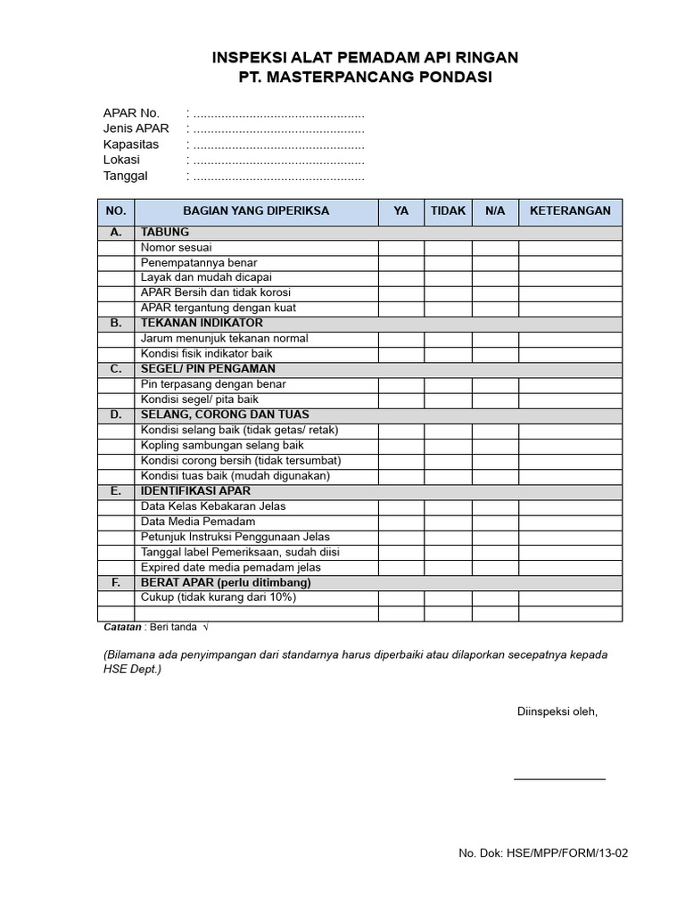 13.2 Form Inspeksi APAR | PDF