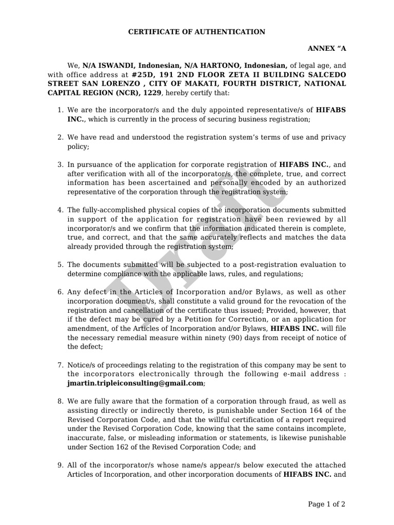 Certificate of Authentication | PDF