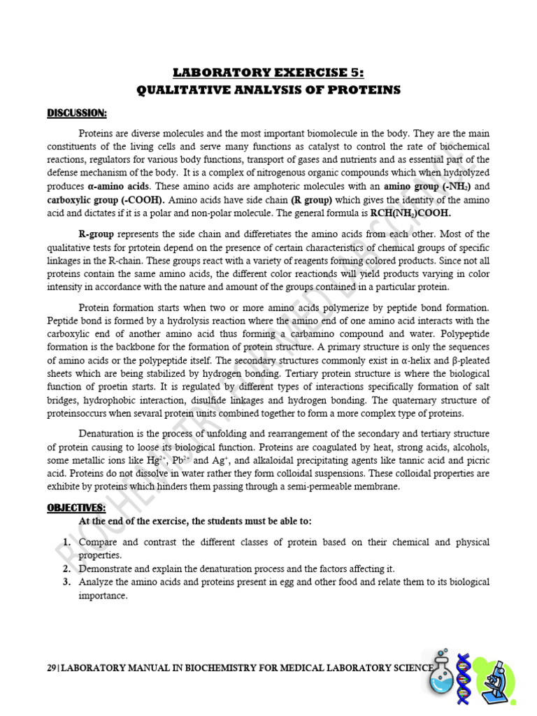 Biochmeistry Laboratory Exercise 5 | PDF | Amino Acid | Proteins