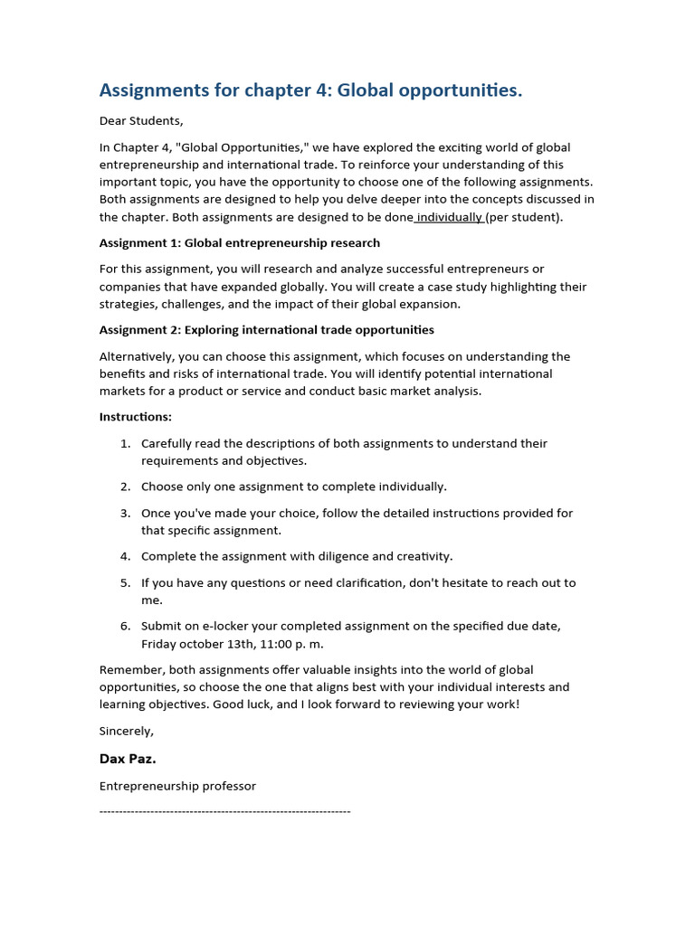 Assignments For Chapter 4 | PDF | Entrepreneurship | Globalization