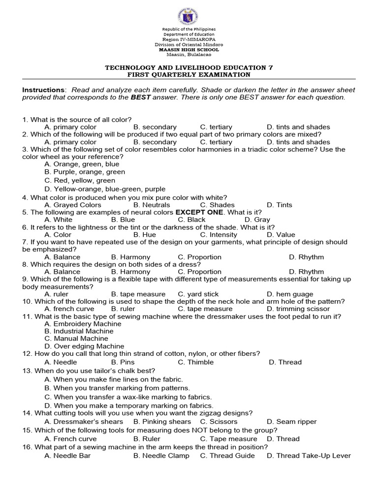 Q1 Tle 7 Dressmaking | PDF | Sewing Machine | Sewing