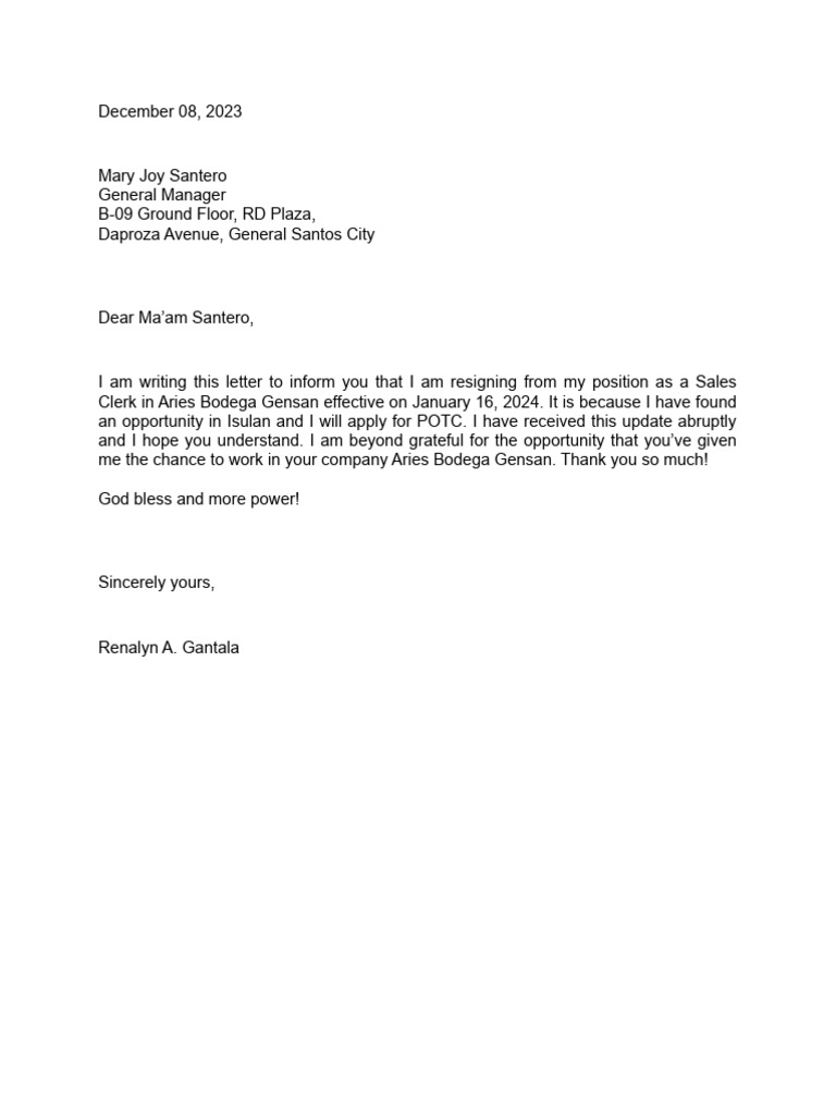Resignation Letter from Sales Clerk | PDF