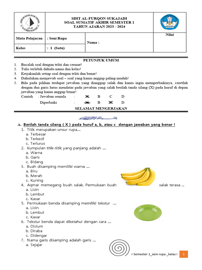 SOAL SAS 1 SENI RUPA KELAS 1 2023-2024 Fix | PDF