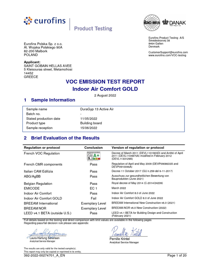 Duragyp 13mm AA - VOC Emission Report - Indoor Air Comfort Gold | PDF ...